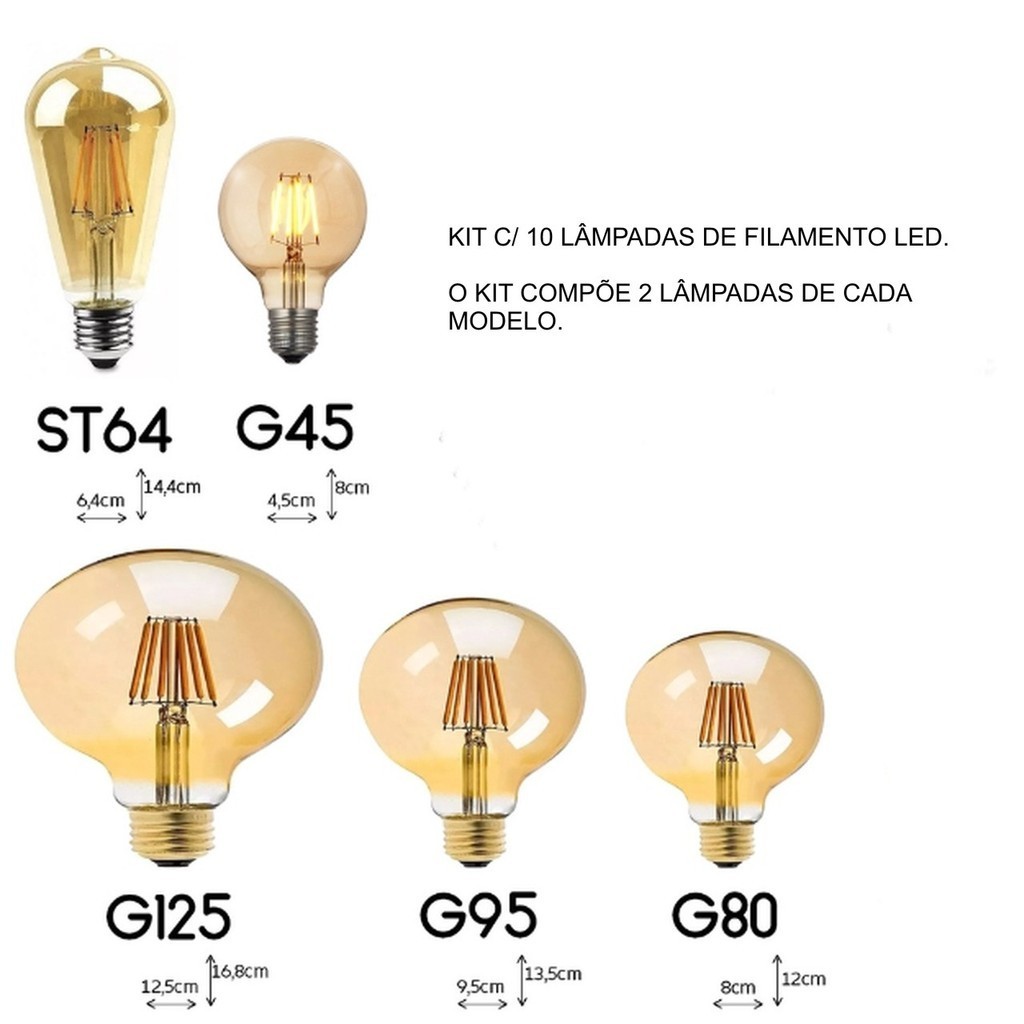 Lampada Retrô Filamento Led E27 ST64 G125 G95 G80 G45 Bivolt | Shopee ...