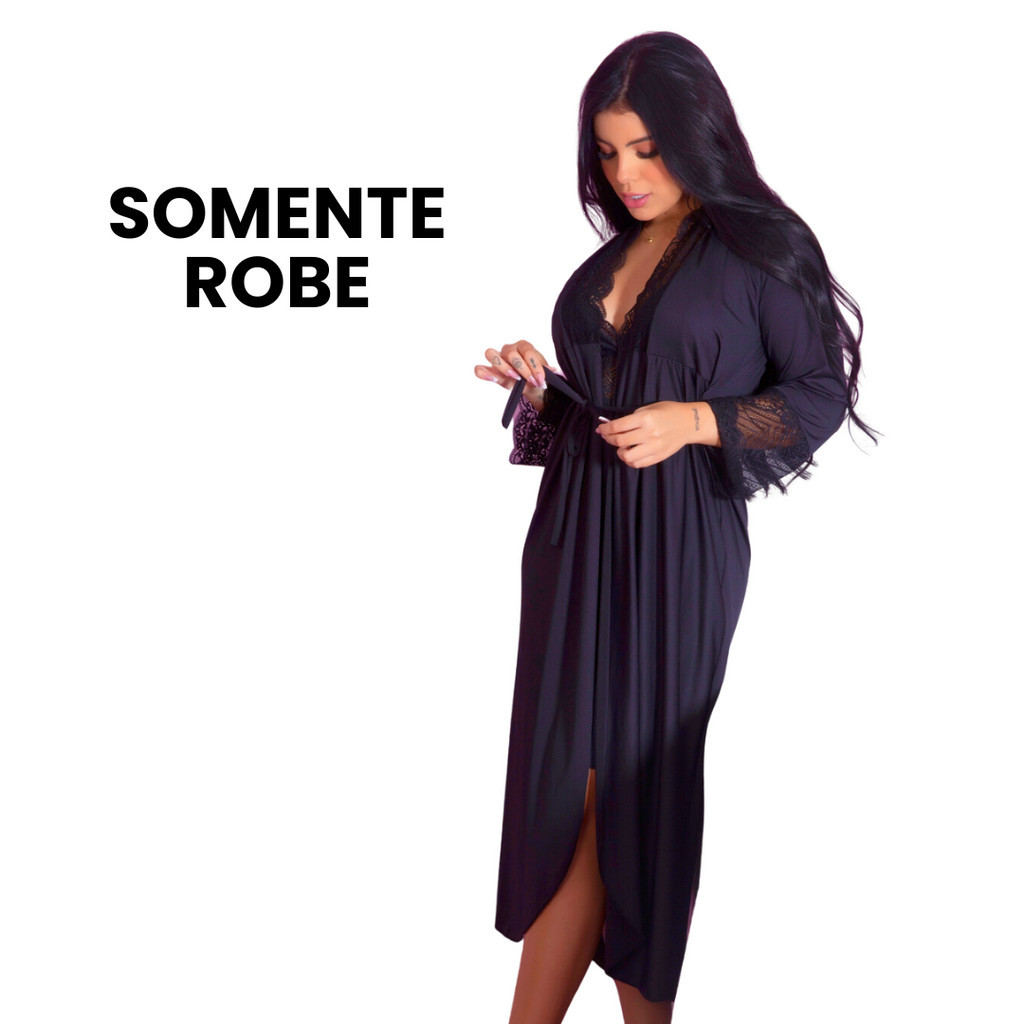 Robe Roupão Longo Com Detalhes em Renda Elegante Romantic Lingerie ...