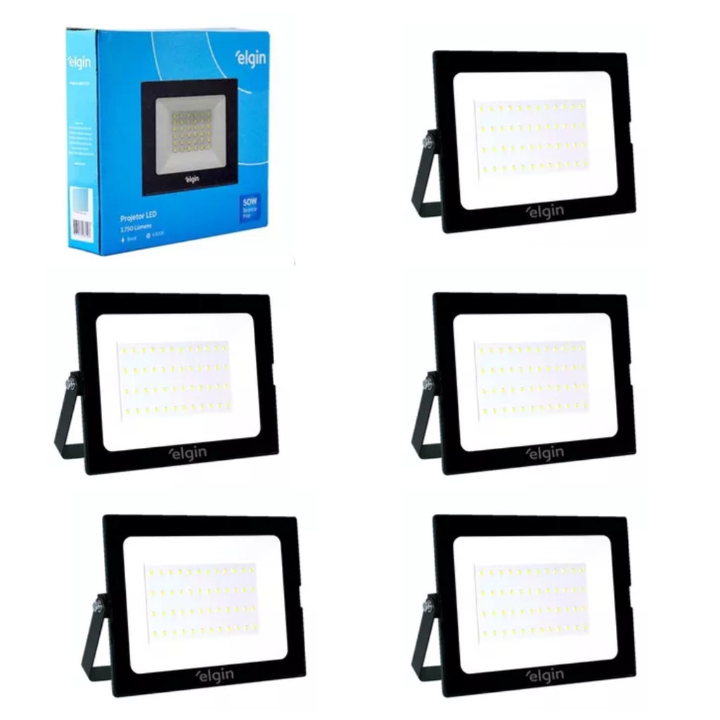 Refletor Projetor Luminária LED 50W 6500K Preto Kit com 5 - Elgin | Shopee Brasil