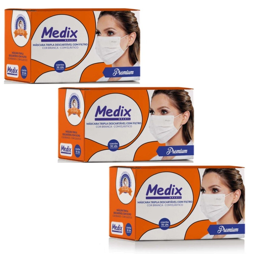 Kit 3 Máscara Descartável Tripla Camada 50un Branca - Medix | Shopee Brasil