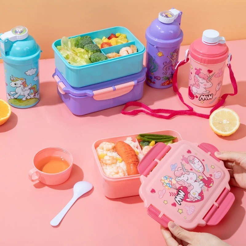Kit lancheira bento box marmita 4 travas e garrafa com estampas ...