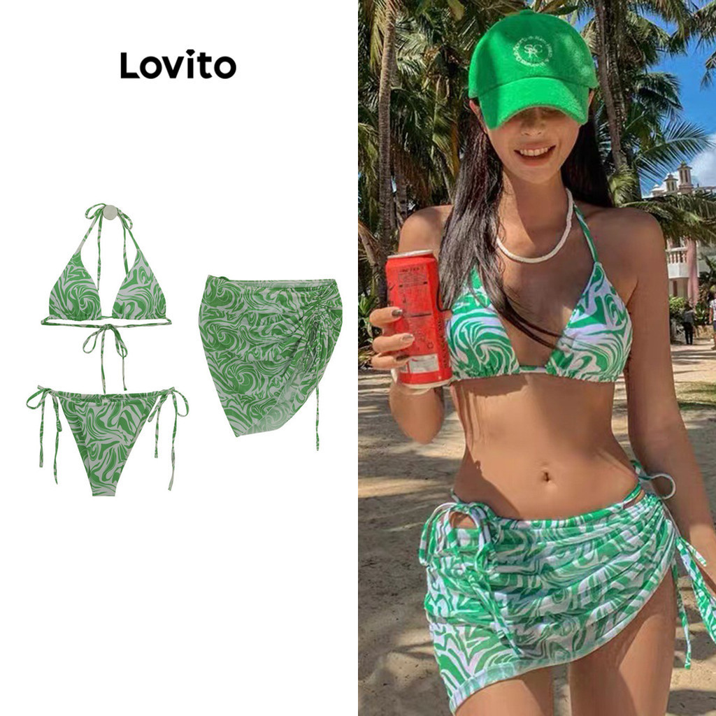 Lovito Conjunto De Biquíni Sexy Tropical Franzido Para Mulheres