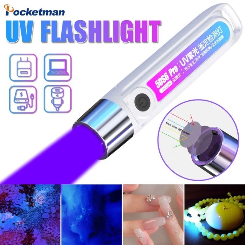 Lanterna UV 365nm Luz Preta USB Recarregável Ultravioleta LED Blacklight Madeiras Lâmpada ...
