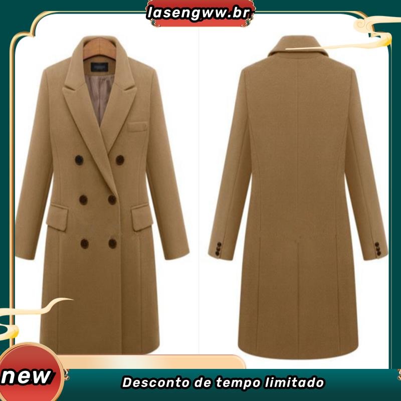 Casaco/Sobretudo Longo De Lã Feminino Hn Com Lapela Para Inverno ...