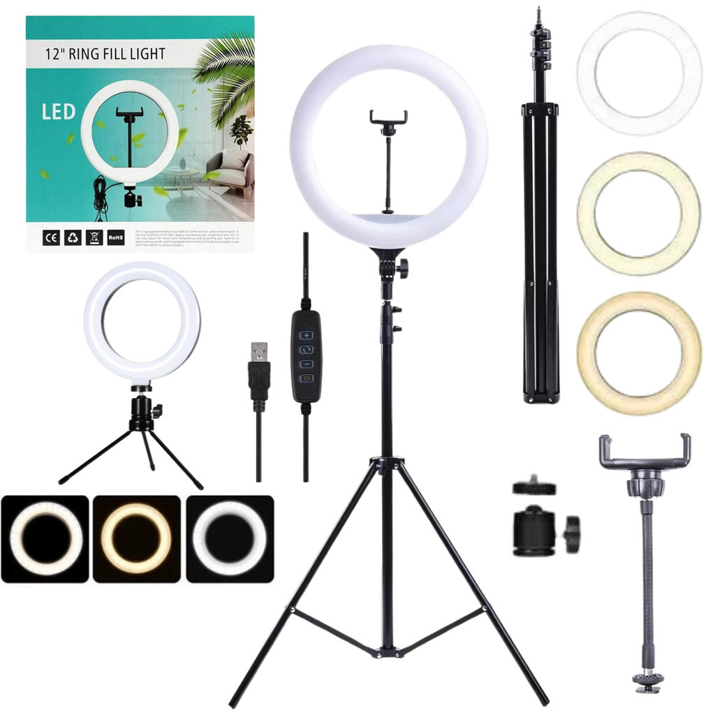 Kit Ring Light Iluminador 12 Polegadas 30cm Com Tripé + Iluminador Led Circular 8" Novo Luz ...