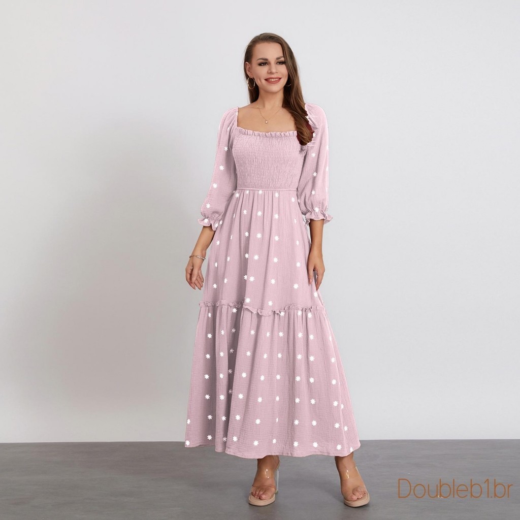 Vestido Floral De Manga Longa Dou-Women Casual De Pescoço Quadrado ...