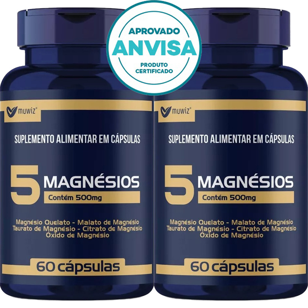 KIT 2x 5 Magnésios ( Quelato + Malato + Taurato + Citrato + Óxido ) 60 Cápsulas 500mg - Muwiz ...