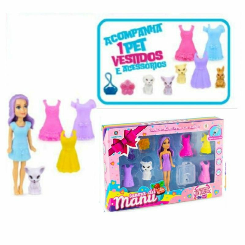 Boneca Turma da Manu com 4 vestidos e acessórios Tipo Polly e Lol ...