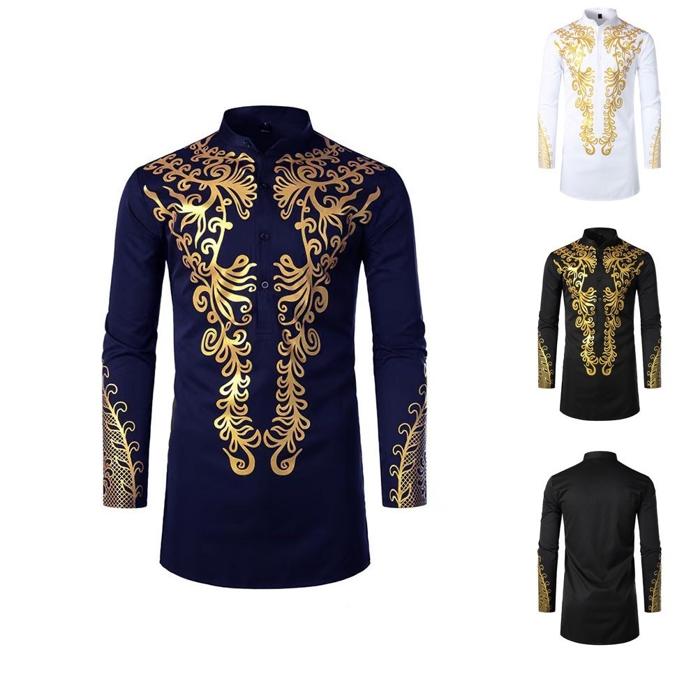 Camisa árabe kaftan dos homens ouro impresso moda muçulmana casual ...