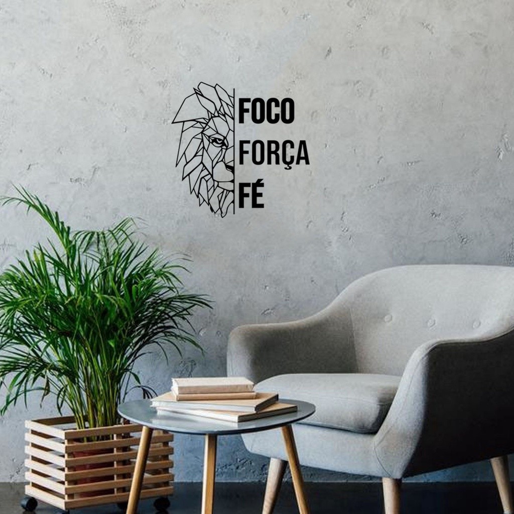 Quadro Leão Vazado Decorativo + Frase de Parede Foco Força Fé Mdf ...