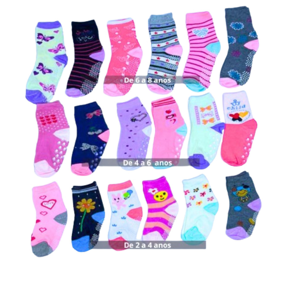 Kit 12 Pares Meias Infantil Menina Estampada Antiaderente / De 2 a 4 ...