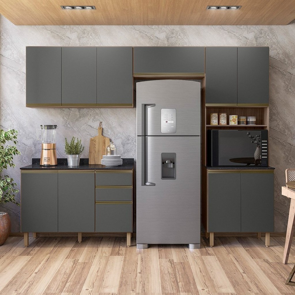 Cozinha Completa 11 Portas 4 Gavetas 100% Mdf Angelita Carvalho/Chumbo ...