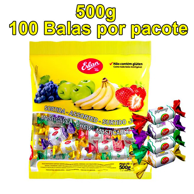Pacote de Bala Mastigável Sabores Sortidos Erlan 500g Uva Banana ...