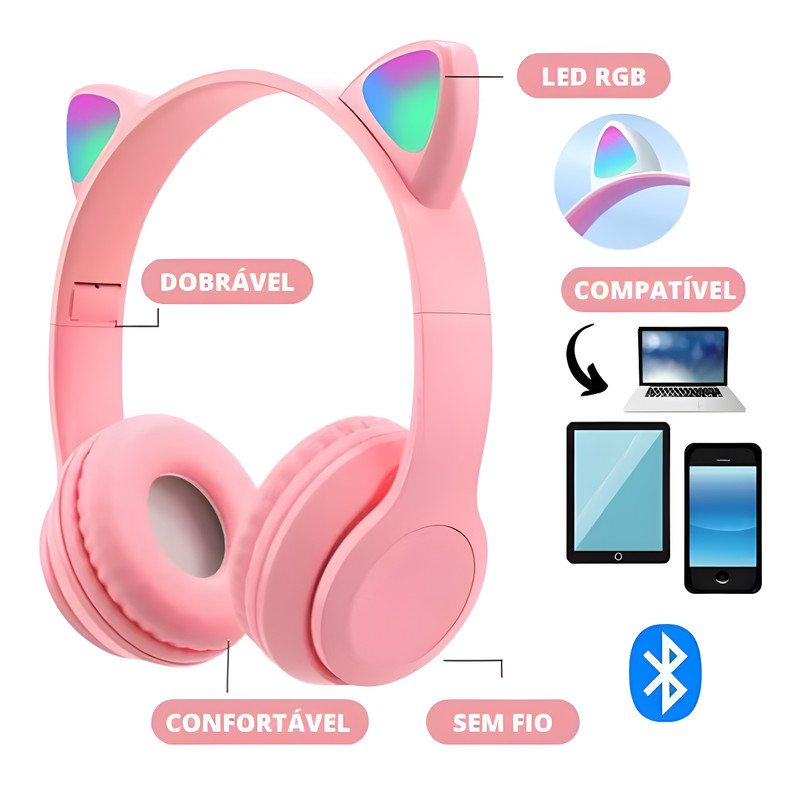 Fone Bluetooth Rosa Orelha Gatinho Led Colorido Recarregável | Shopee ...