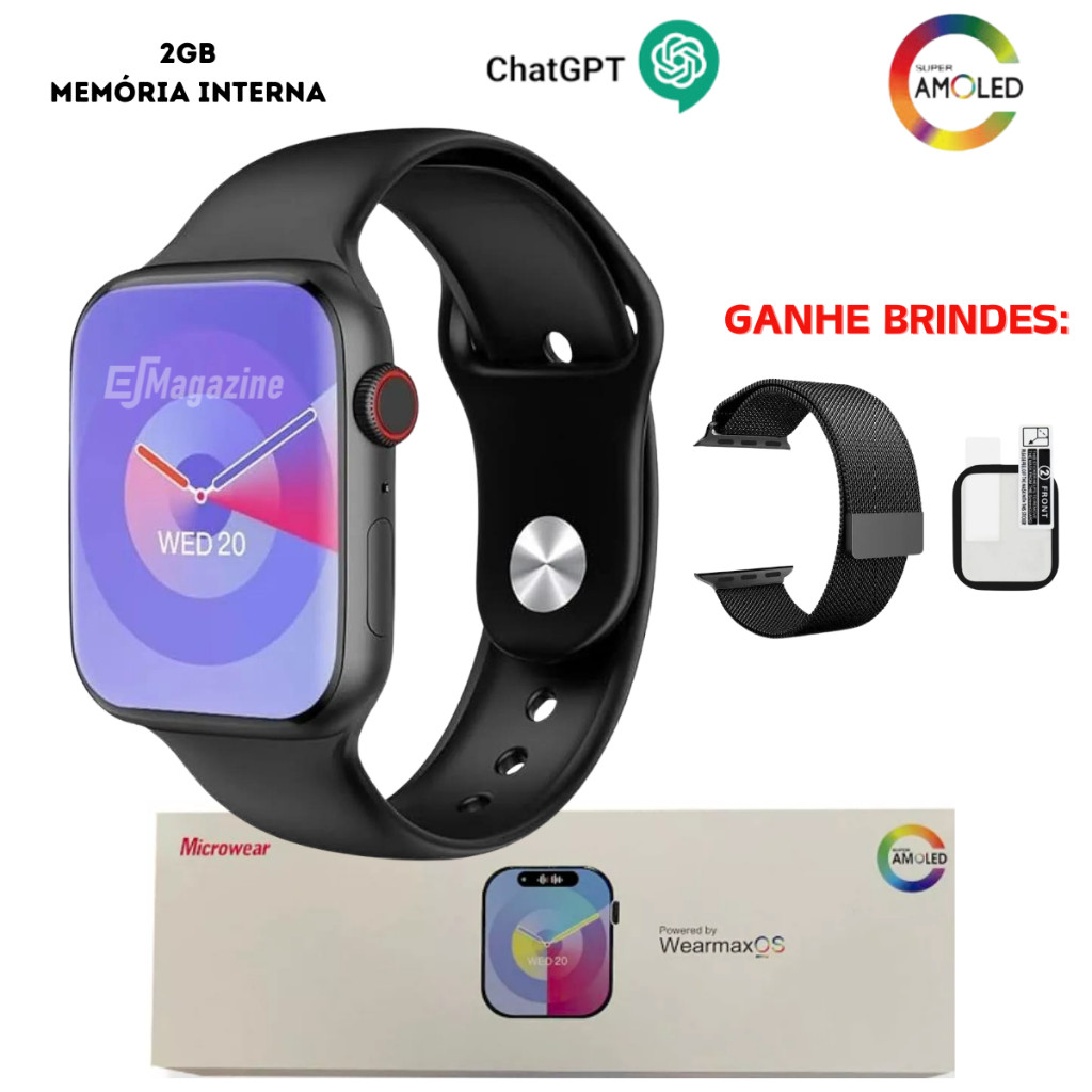 Relógio Smartwatch W99+ Plus Series 9 Preto Pulseira Metal Milanese Película Memória Interna ...