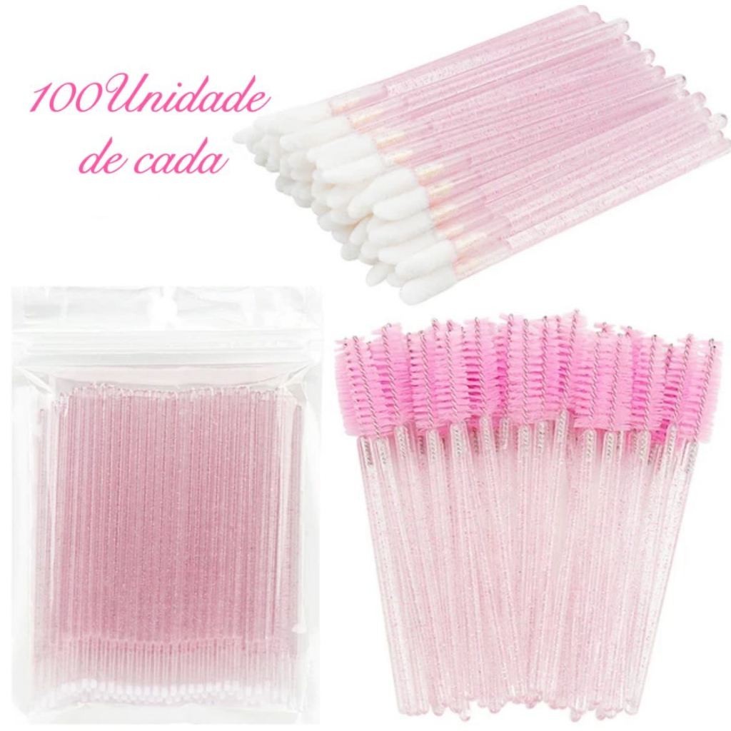 Kit - 100 Escovinhas + 100 Microbrush + 100 Aplicador de Batom Alongamento Cilios | Shopee Brasil