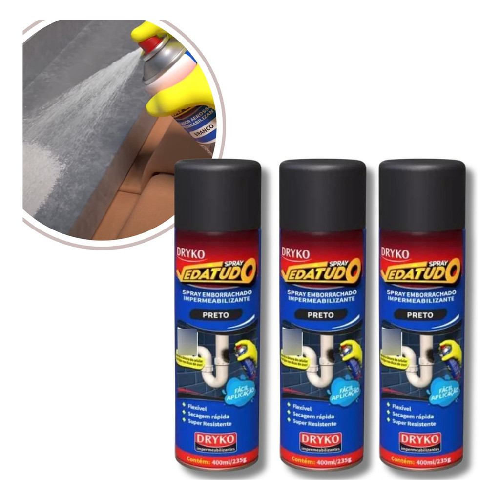 3 Spray Vedatudo Emborrachado Impermeabilizante 400ml Preto Cano ...