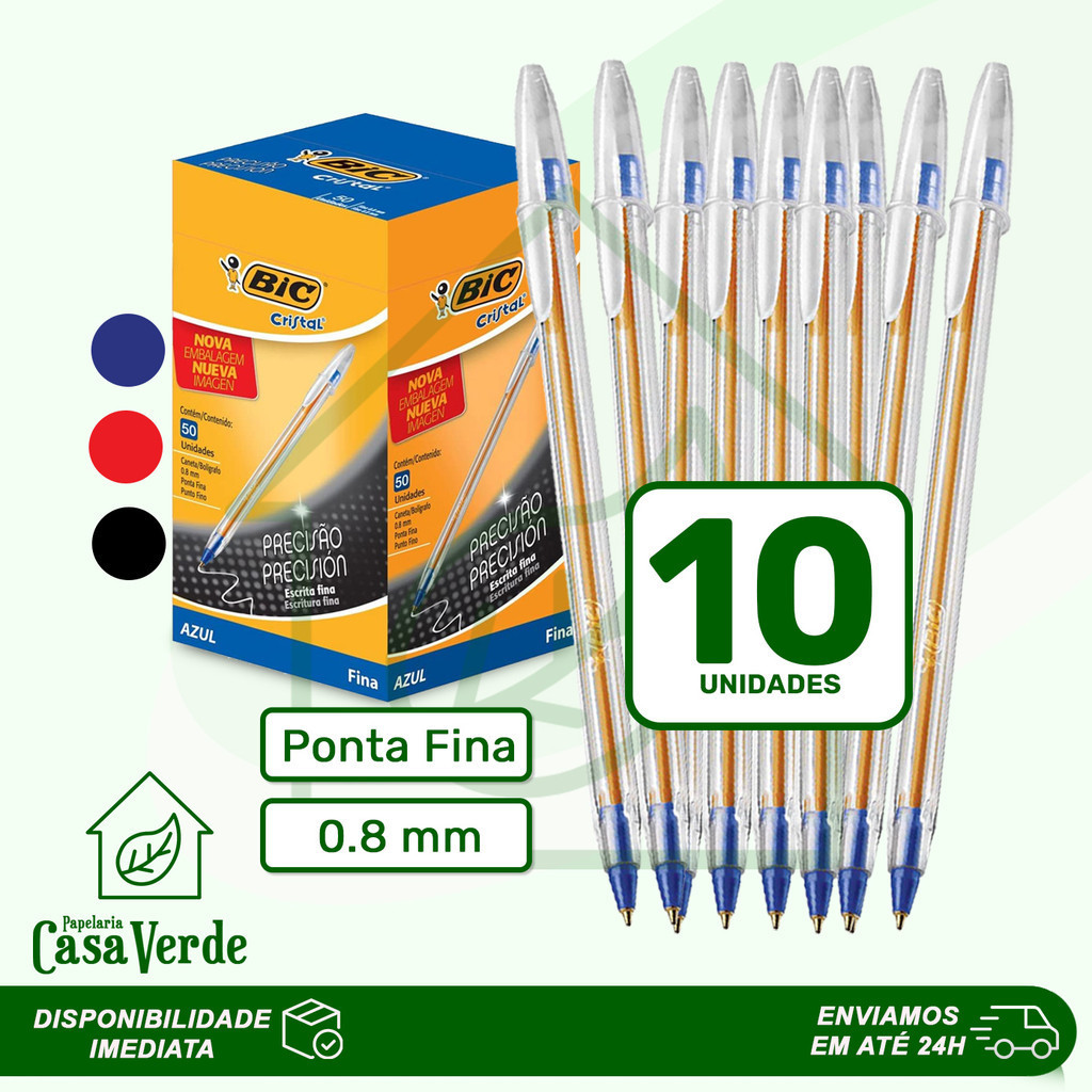 KIT 10 Canetas Bic Cristal Esferográficas 0.8mm Ponta Fina Cores Azul, Preta e Vermelha Original ...