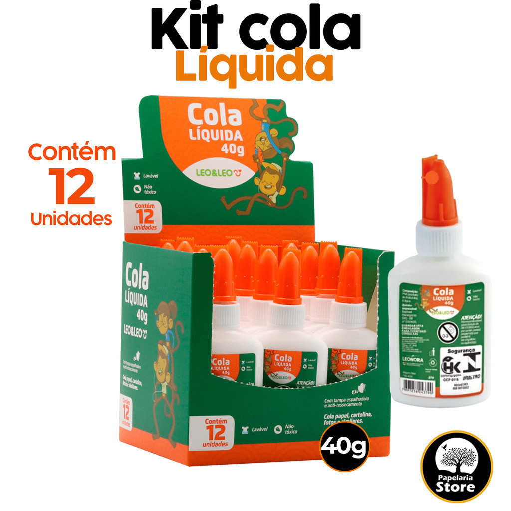 Kit 12 Cola Líquida de 40g Escolar Branca Atóxica Leo Leo 12 Unidades ...