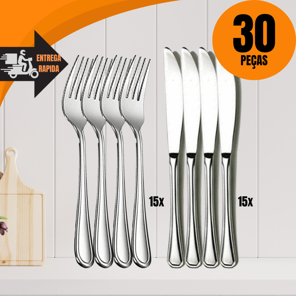 Kit Jogo Conjunto 30 Talheres Inox Premium 15 Facas 15 Garfos Talher ...