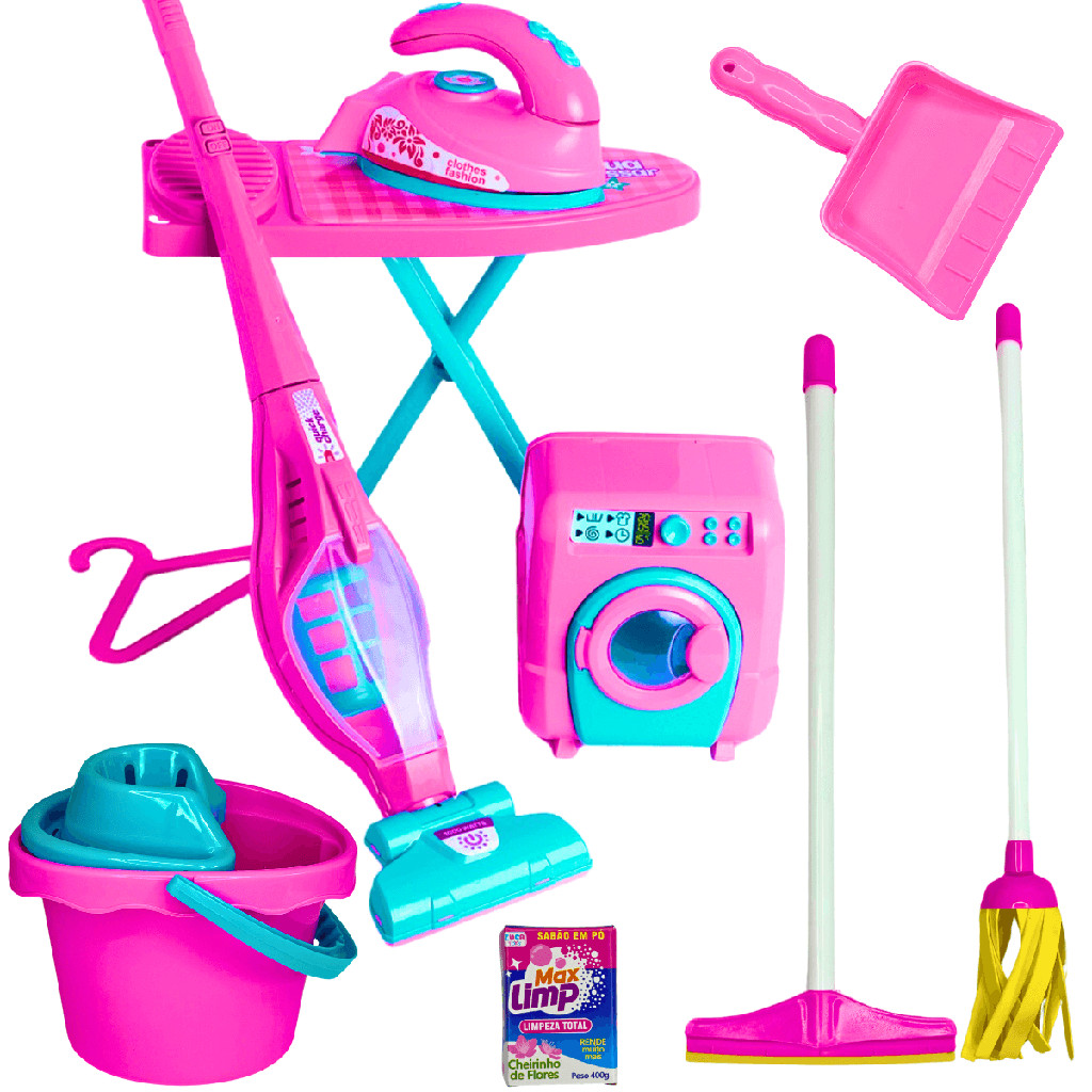Kit Limpeza Faxina Brinquedo Infantil Aspirador Lava Roupas Tabua de Passar Mop Rodo Balde - Faz ...