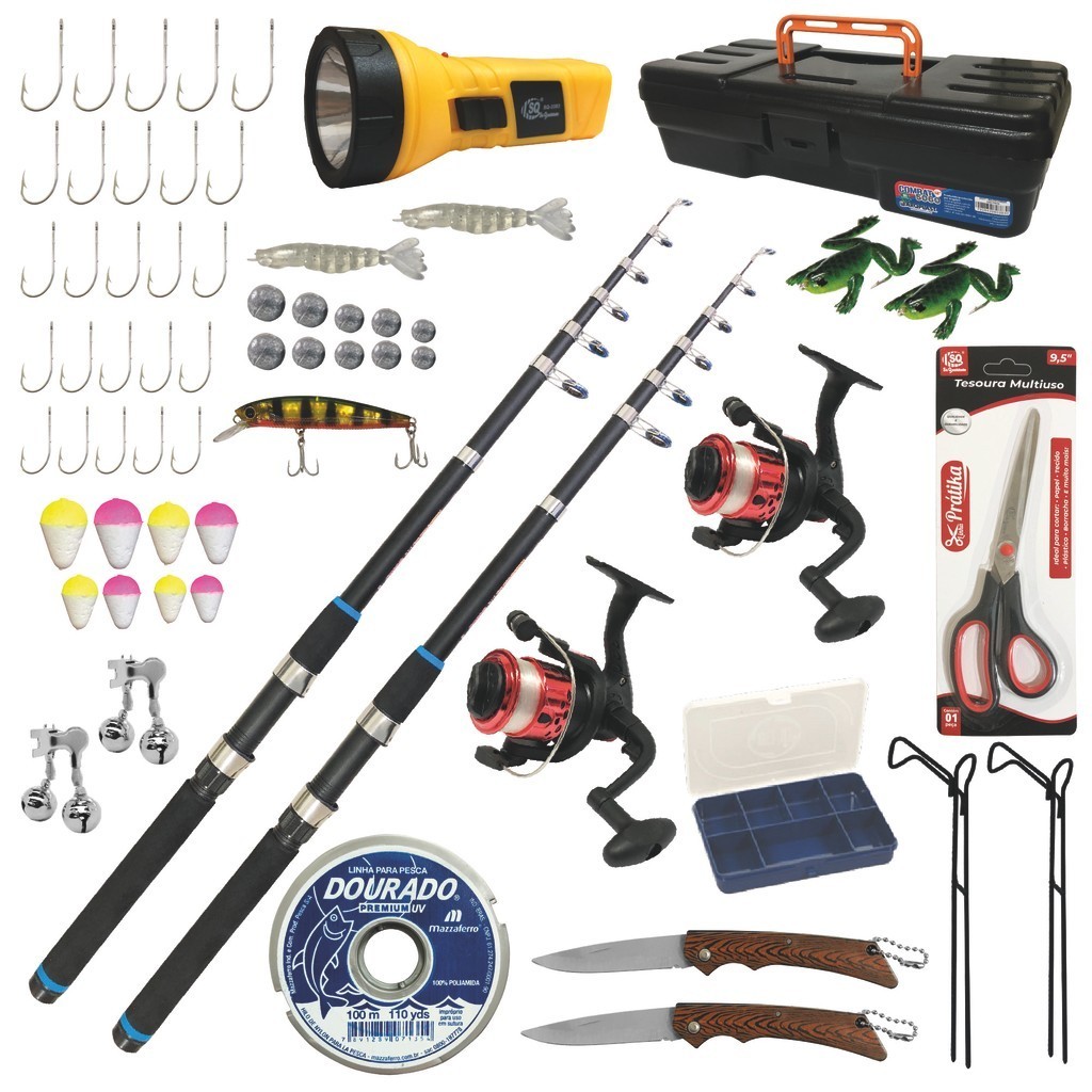 Kit Pesca Completo Pesqueiro Vara Araxá 2.10M + Molinete Maleta Organizadora com Iscas e ...