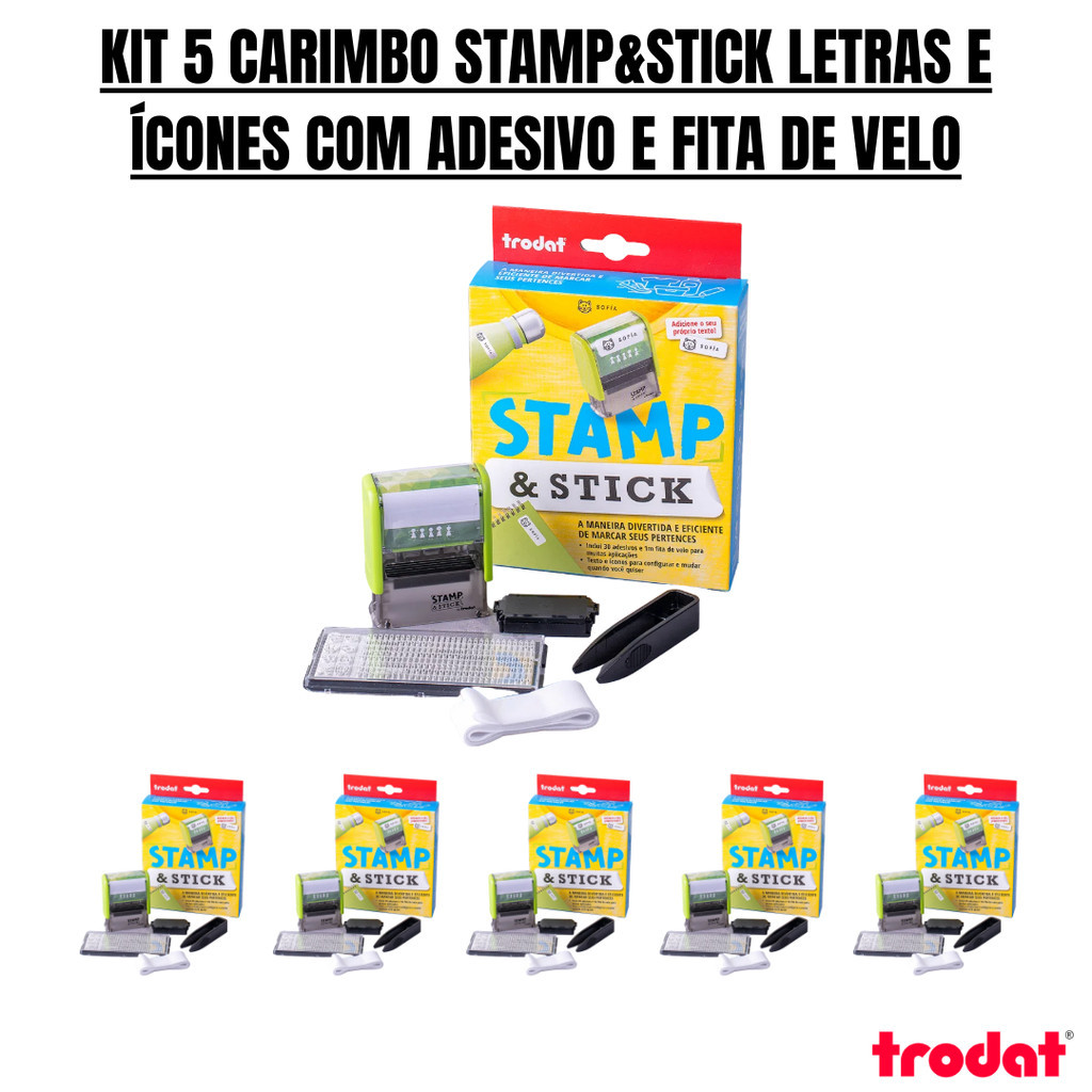 KIT 5 CARIMBO STAMP&STICK LETRAS E ÍCONES COM ADESIVO E FITA DE VELO ...