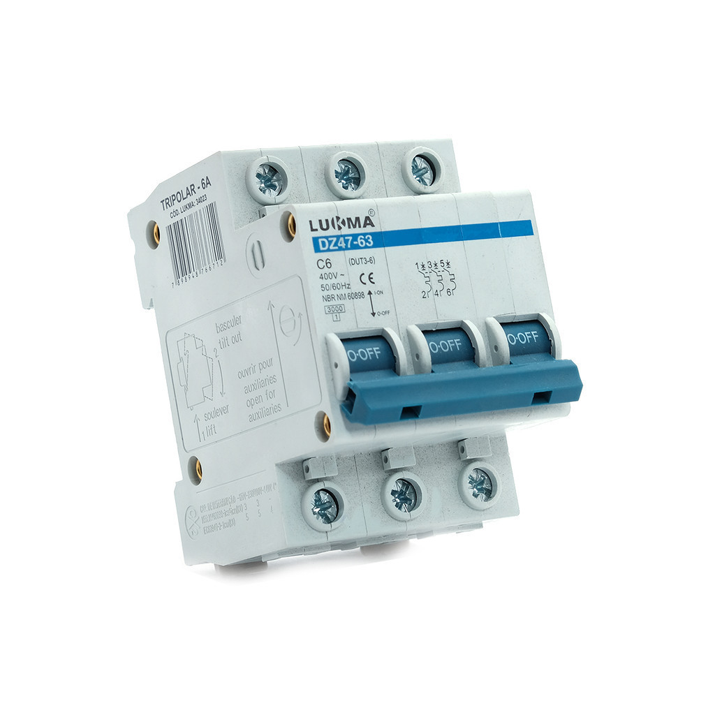 DISJUNTOR TRIPOLAR 6a 10a 16a 20a 25a 32a 40a 50a 63a DIN TRIFÁSICO 03 POLOS CURVA C 3K LUKMA ...