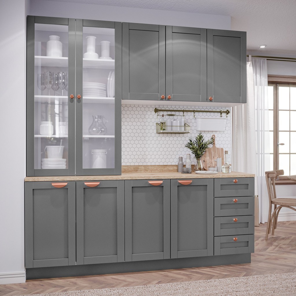 Cozinha Modulada Compacta 4 Peças com Armário Aéreo 2 Portas Vidro ...