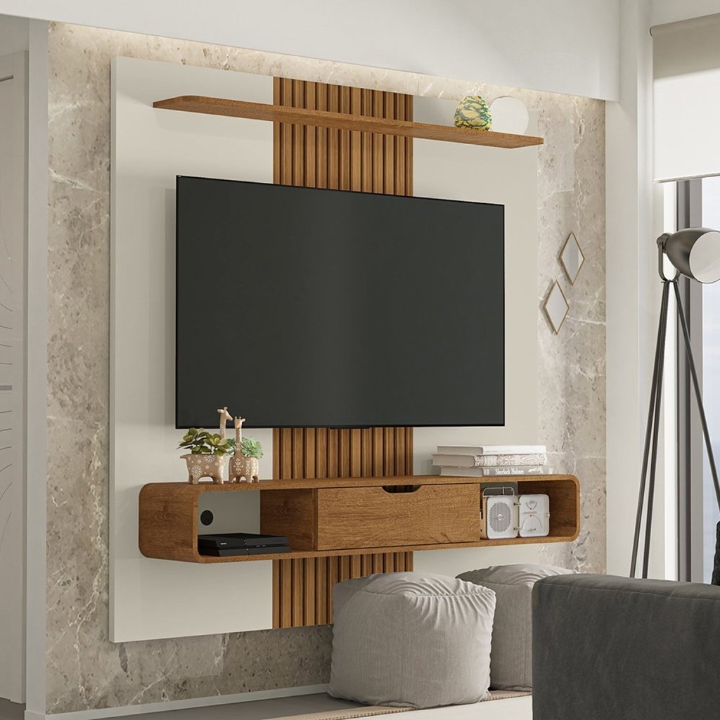 Painel para TV até 65 Polegadas Lisboa Off White/Naturalle/Ripado ...