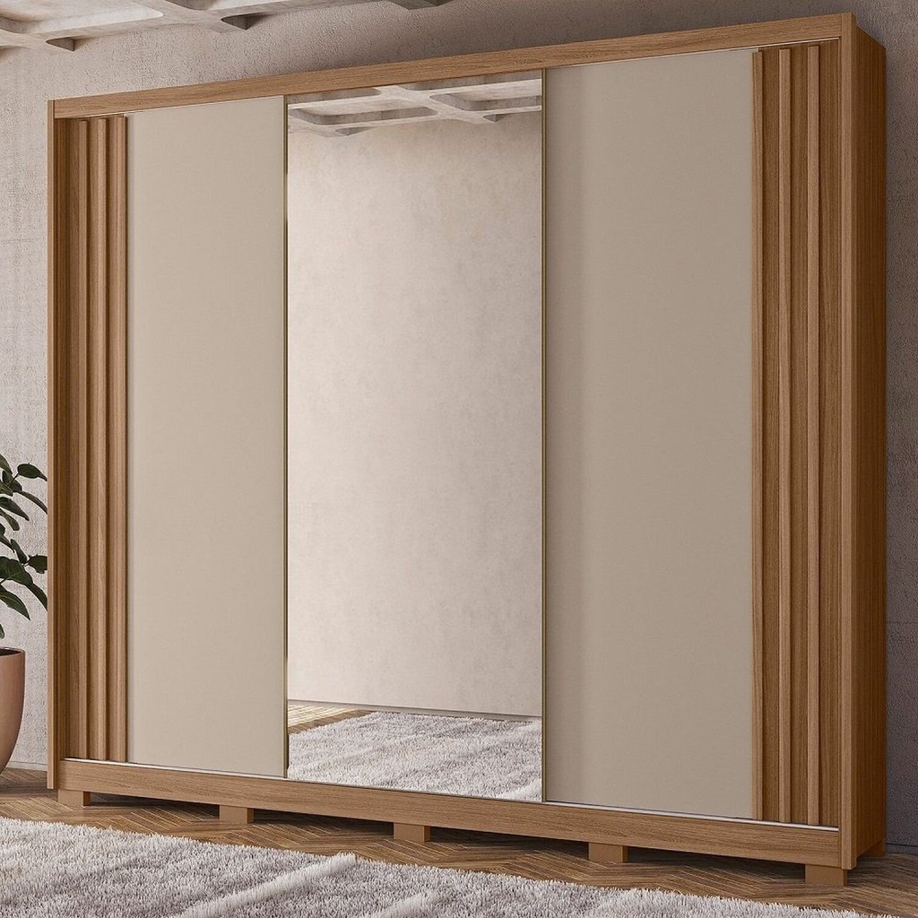 Guarda-roupa Casal 3 Portas de Correr 6 Gavetas com Espelho e Pés ...