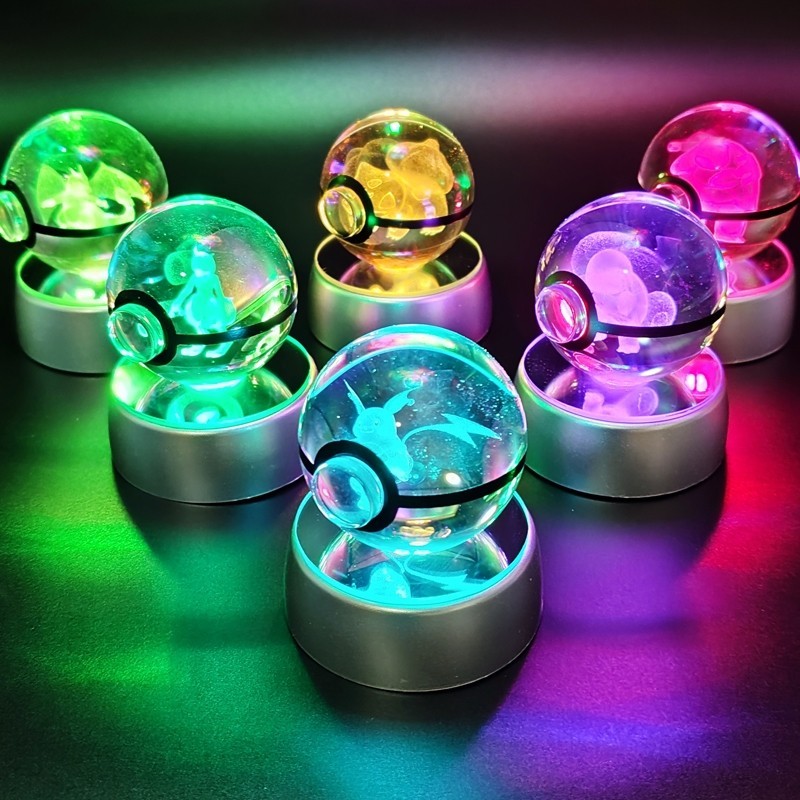 Luz LED 3D Pokemon Crystal Ball Lâmpada Noturna Toy Mewtwo Pikachu ...