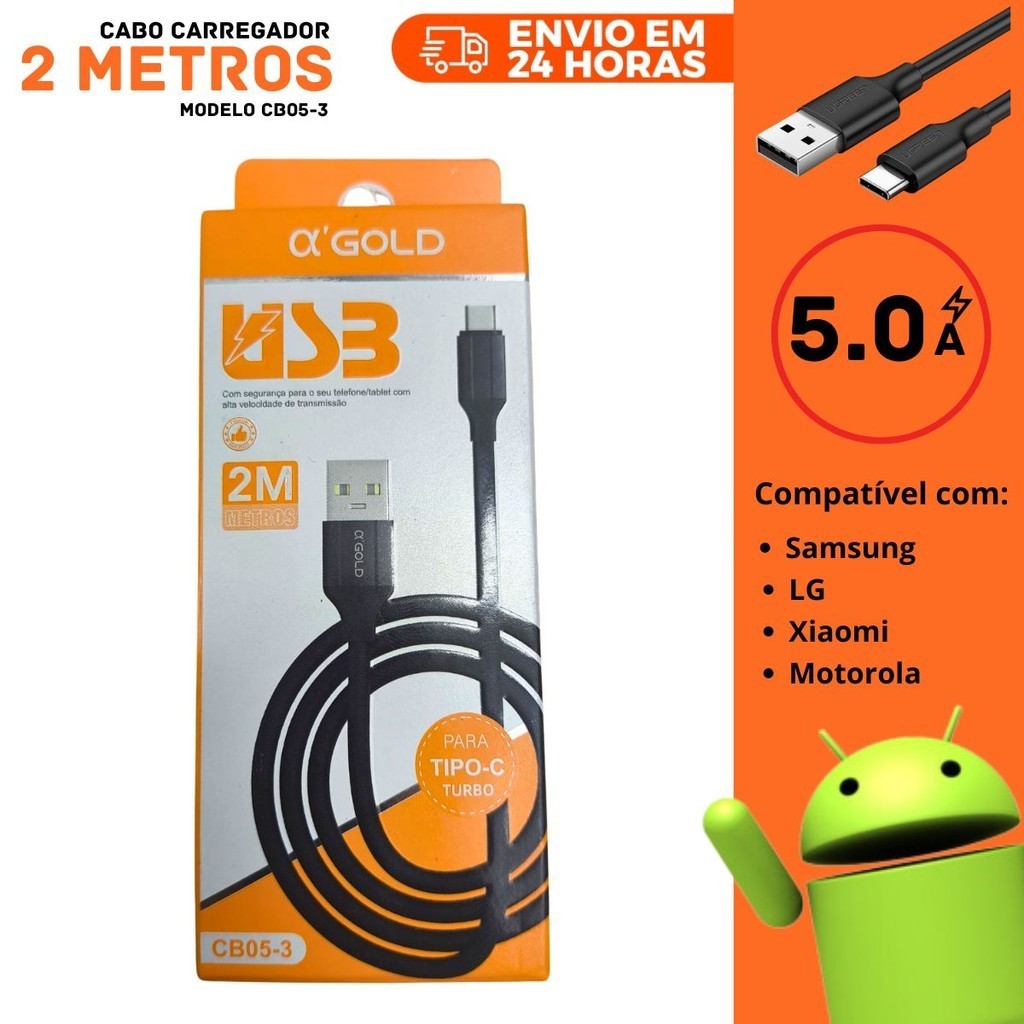 Cabo USB Carregamento Rápido 5.0 2 Metros A'Gold Para V8 TIPO-C IOS ...