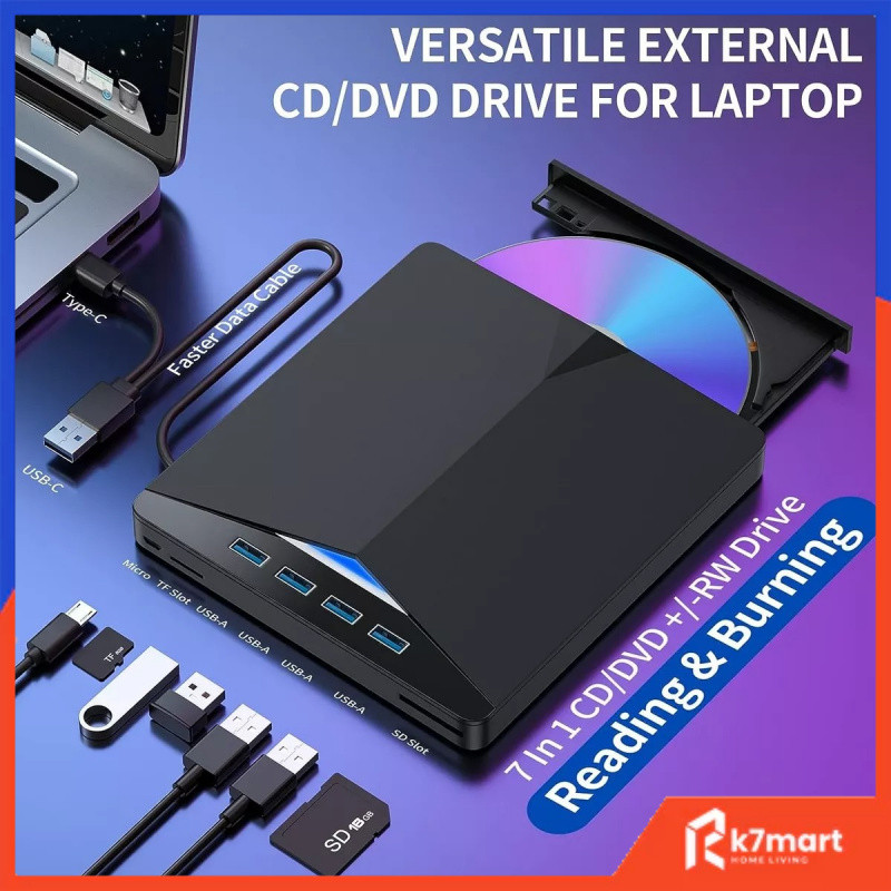 7-Em-1 USB 3.0 Tipo C Externo CD RW DVD Unidades Ópticas Bandeja Gravador Leitor Para Portátil ...
