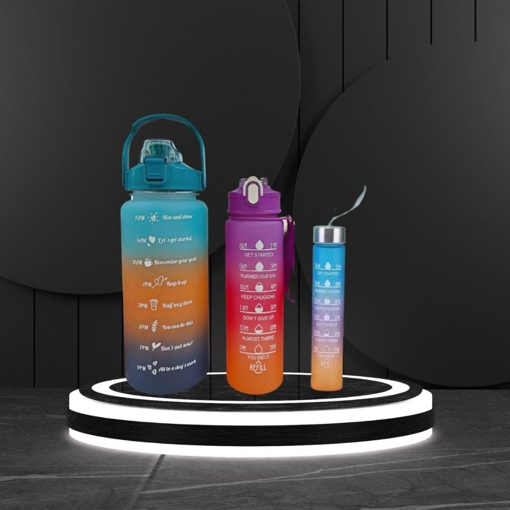 Kit 3 Garrafas Squeeze Degradê 2 Litros, 900ml e 300ml Fases Motivadoras com Adesivos 2D e 3D ...