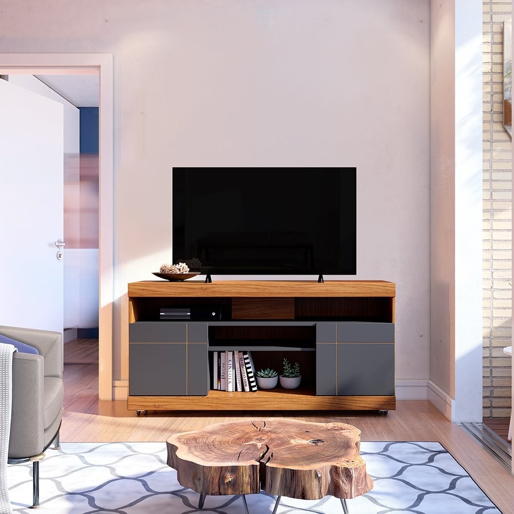 Rack para Tv até 50 Polegadas 2 Portas 4 Nichos Yara Noce Milano/Preto Fosco | Shopee Brasil