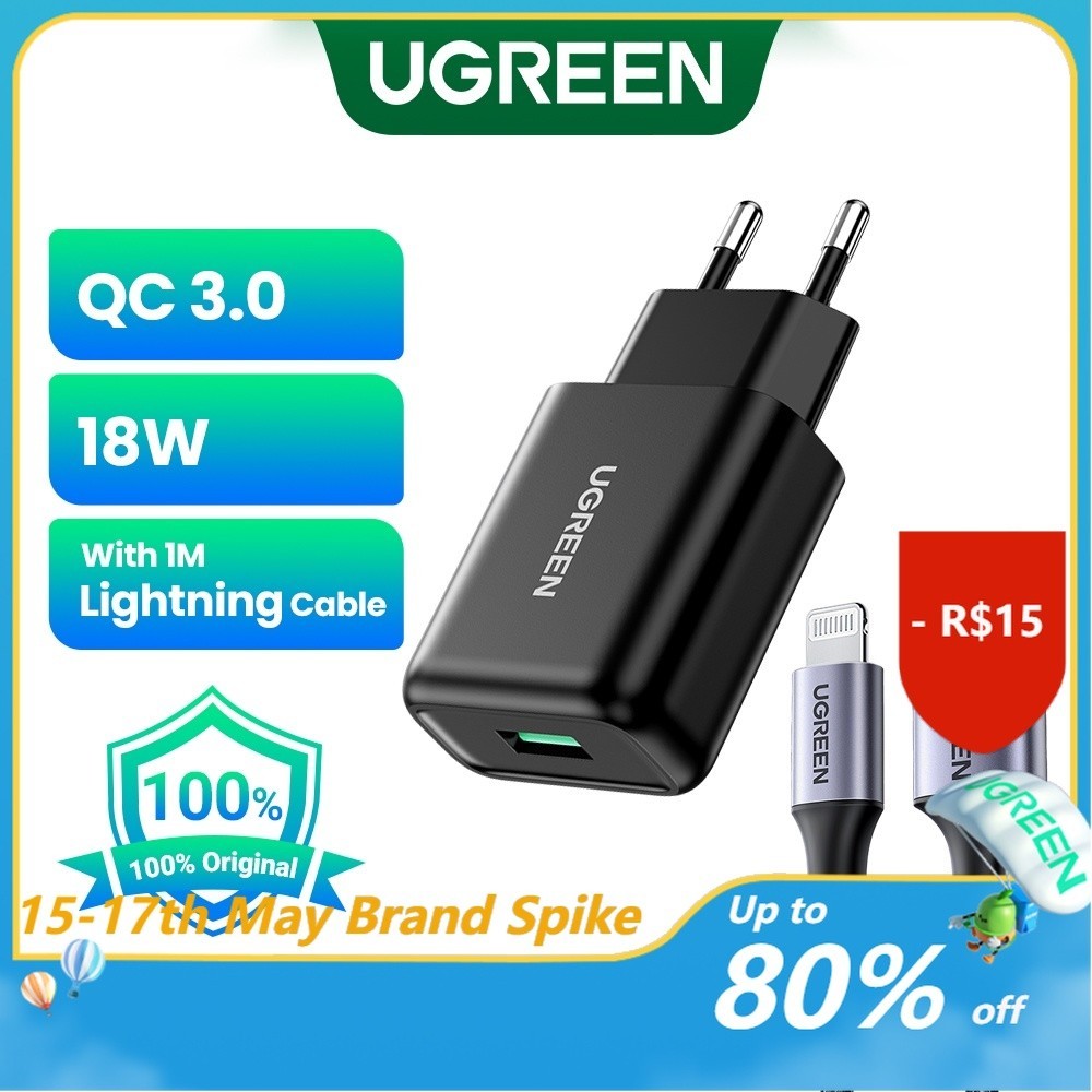 UGREEN Adaptador Original QC3.0 Carregador USB Dinding Carregamento Rápido QC 3.0 De 18W Para ...