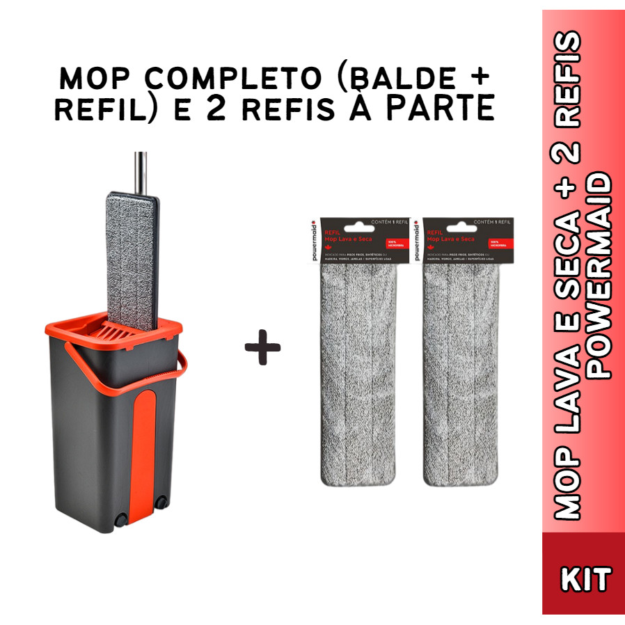 KIT COM Mop Flat Lava e Seca Limpeza Com Balde e 2 Refis à Parte ...