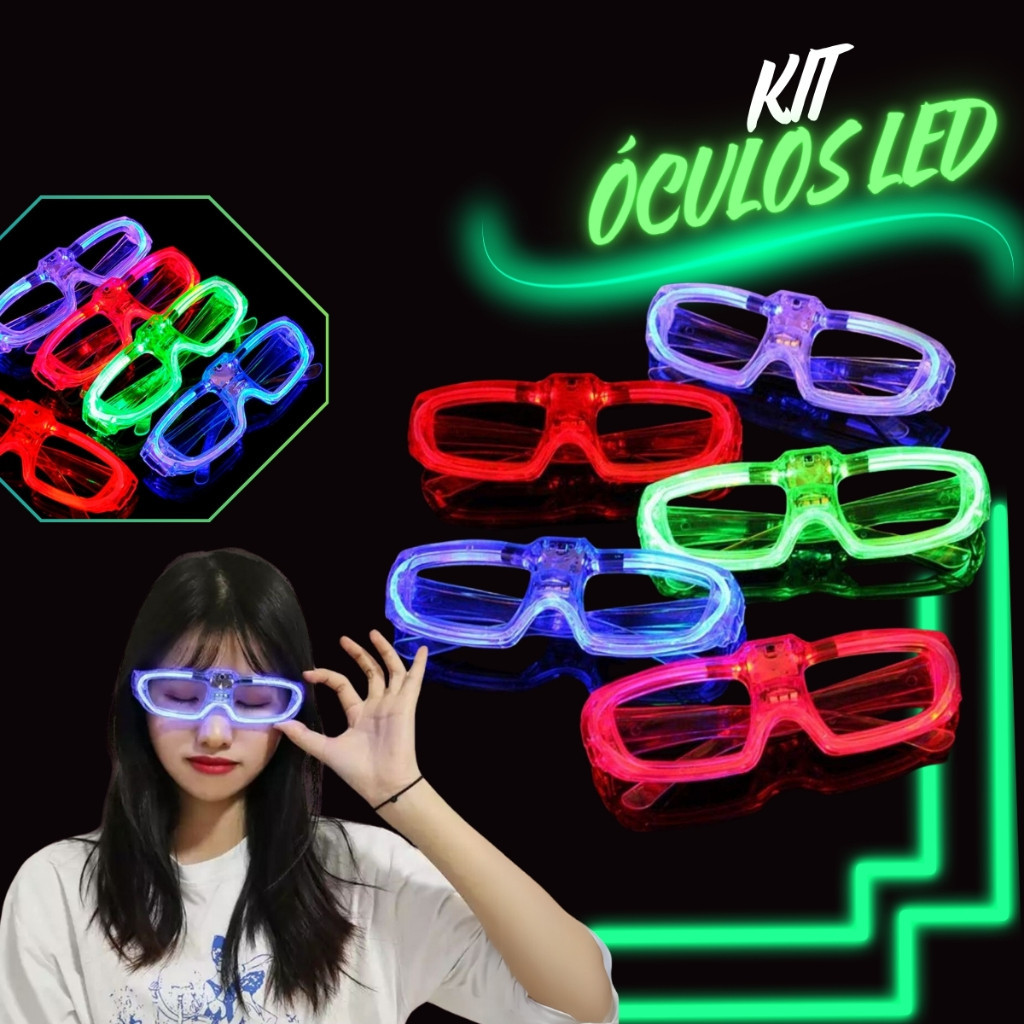 10 Oculos Led Neon Festa Balada Kit Óculos Cosplay Rave Casamento ...