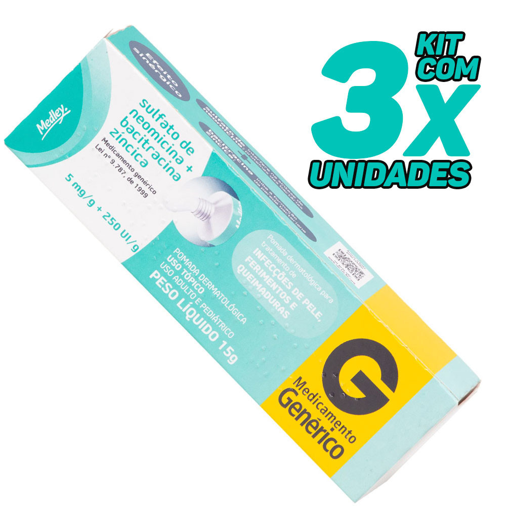 Kit 3x Pomada Sulfato de Neomicina 5mg + Bacitracina Zíncica 250UI ...