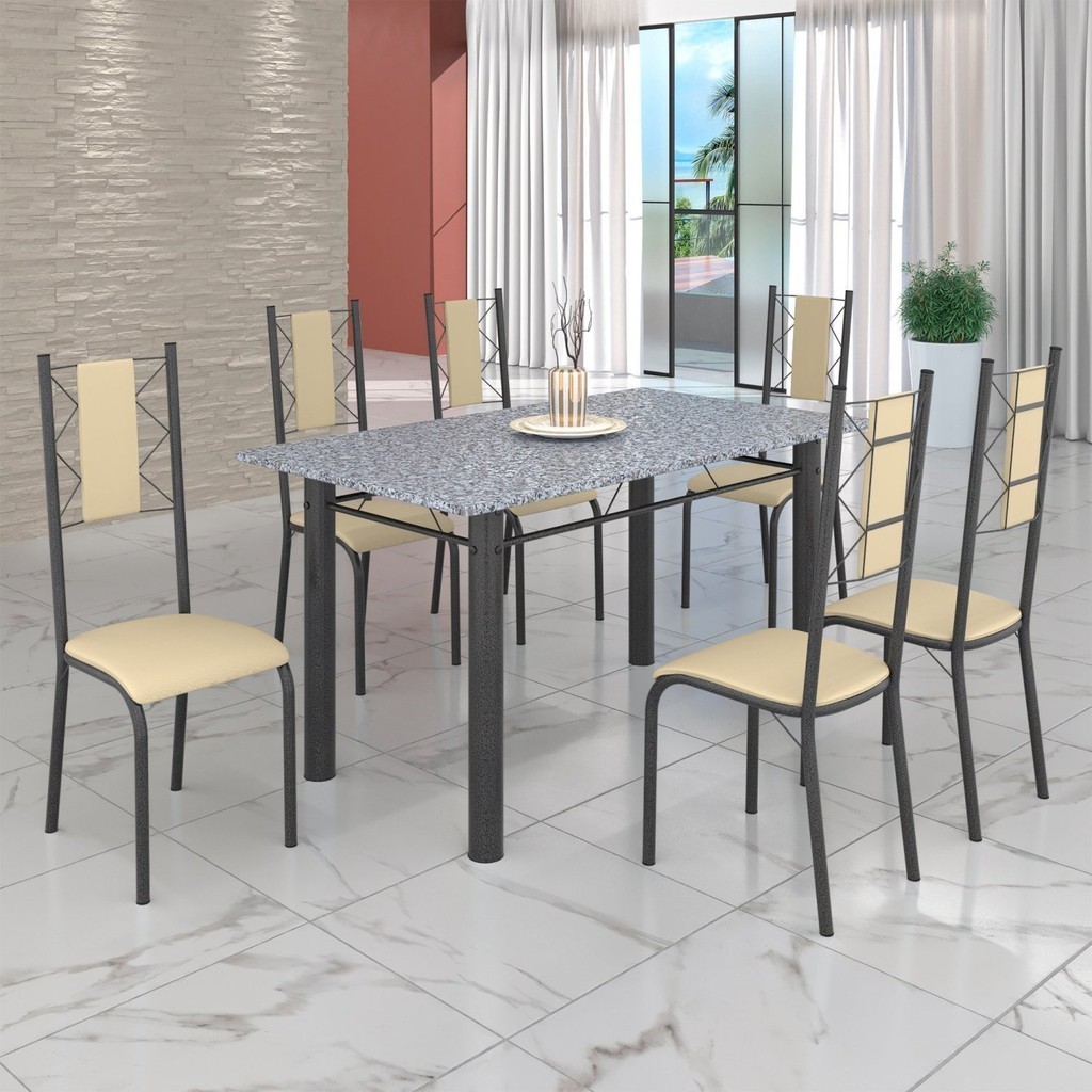 Conjunto Sala de Jantar Bahia Mesa Tubo 140x75cm Tampo Pedra Granito ...
