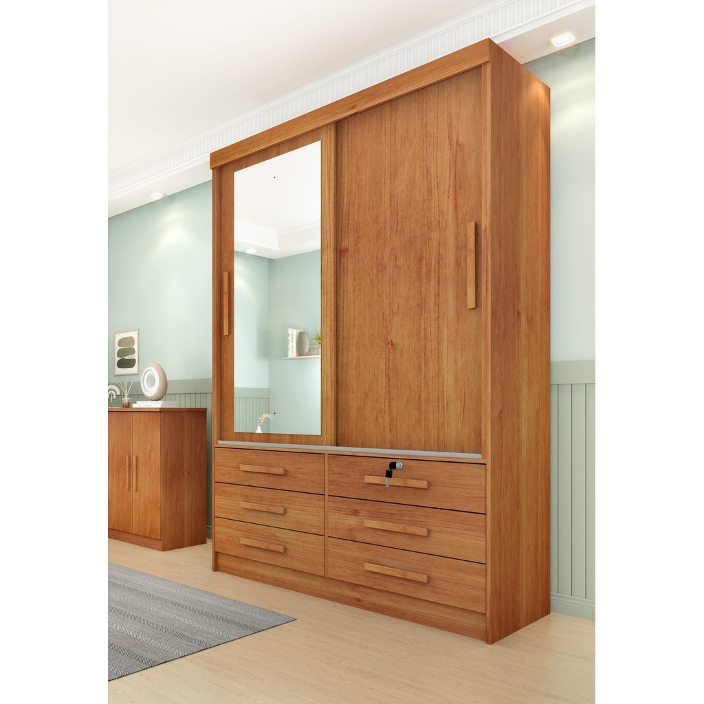 Guarda Roupa Solteiro com Espelho 2 Portas 6 Gavetas 133cm Chicago Cinamomo | Shopee Brasil