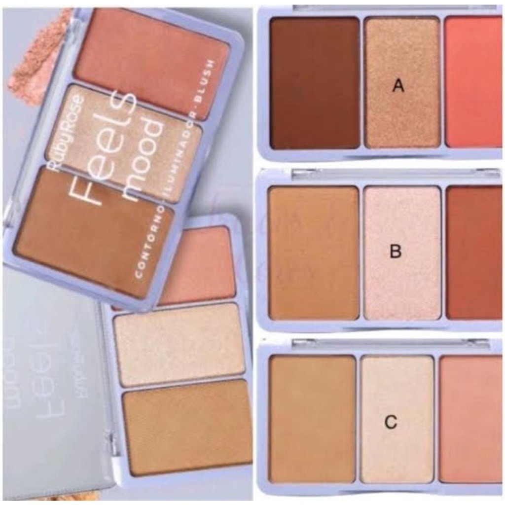 PALETAS TRIO DE CONTORNO ILUMINADOR E BLUSH FEELS MOOD RUBY ROSE HB7526 | Shopee Brasil