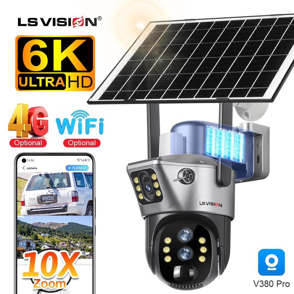 Câmera Solar LS VISION 4K 8MP PIR V380 Pro 4G/WiFi ZOOM 10X Sim Telas Externas Duplas CCTV ...