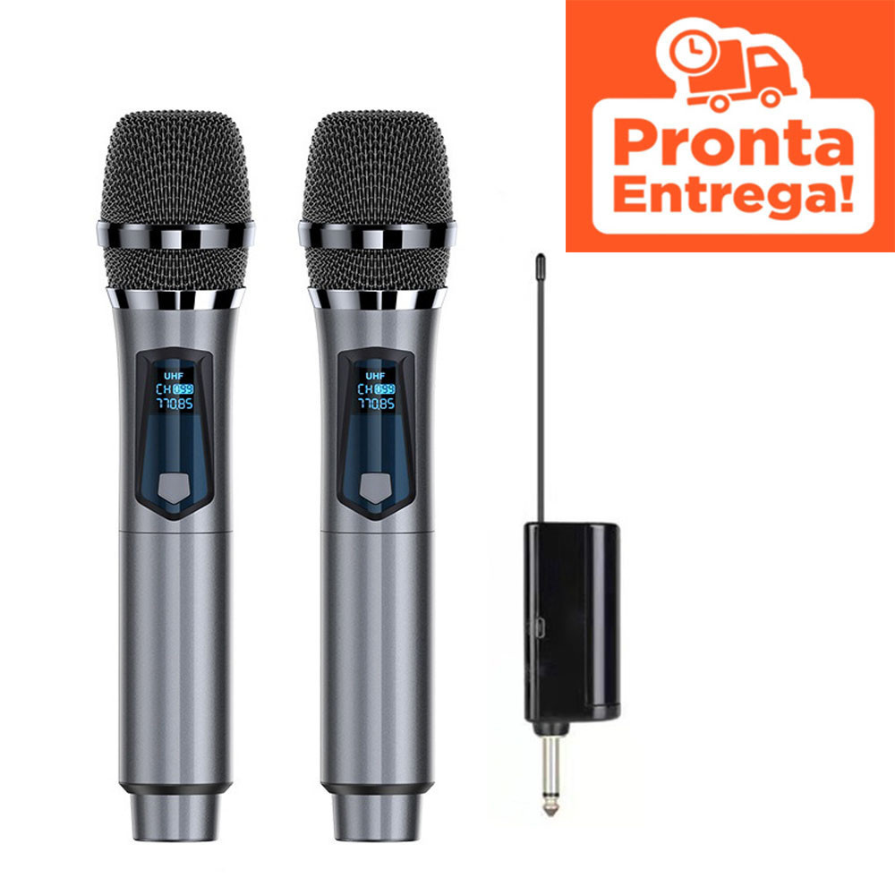 Microfones Sem Fio Dinâmico Profissional Recarregável Duplo Cor Preto ...