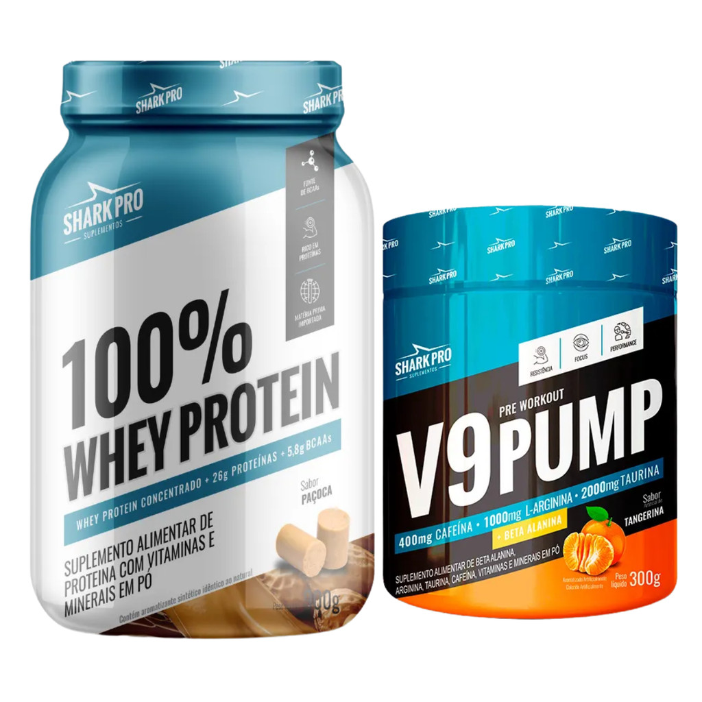 Whey Protein 100% Shark Pro Pote 900G + Pre Treino V9 Pump 300G - Diversos Sabores | Shopee Brasil