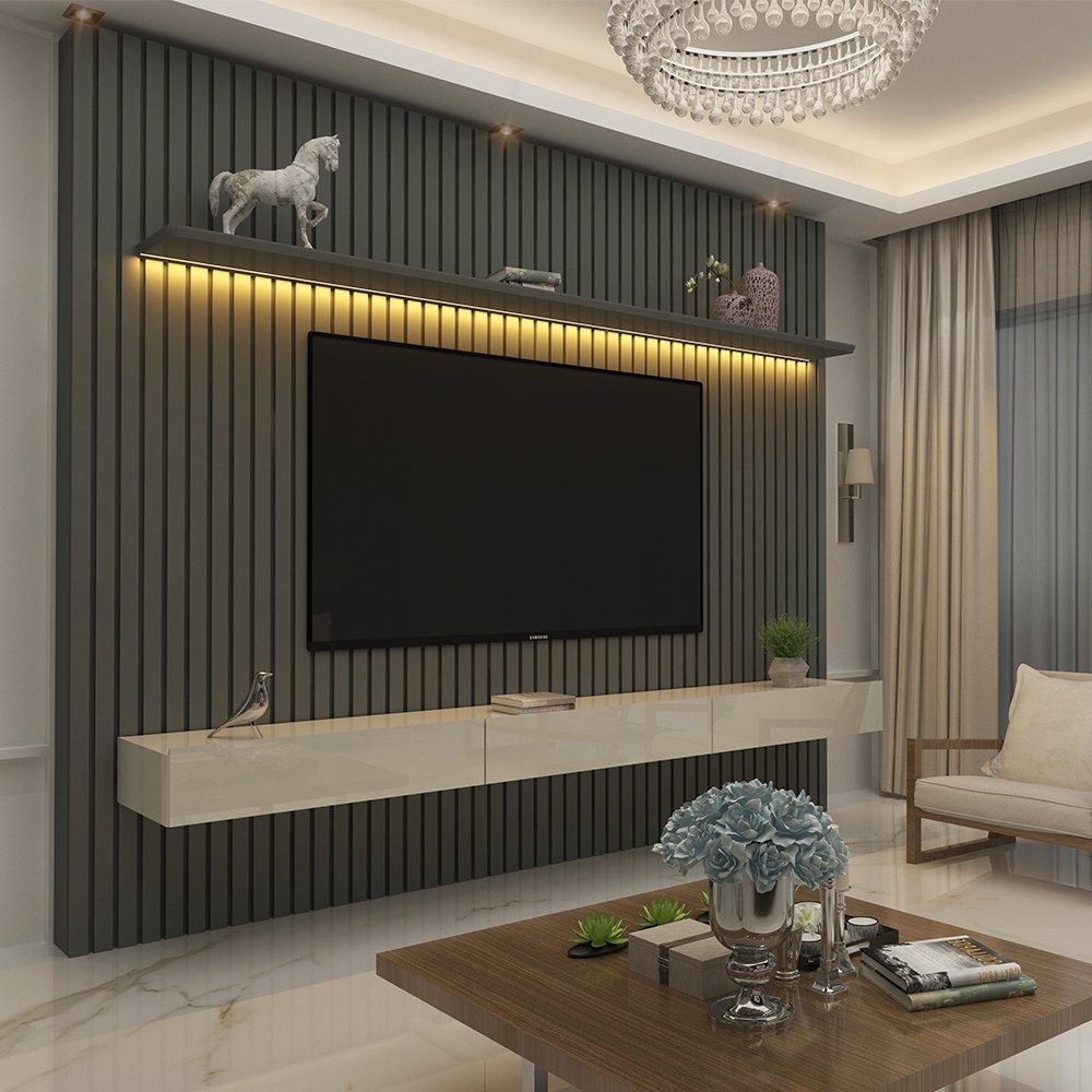 Painel para TV até 90 Polegadas Ripado com LED 3 Gavetas 230cm 100% MDF ...