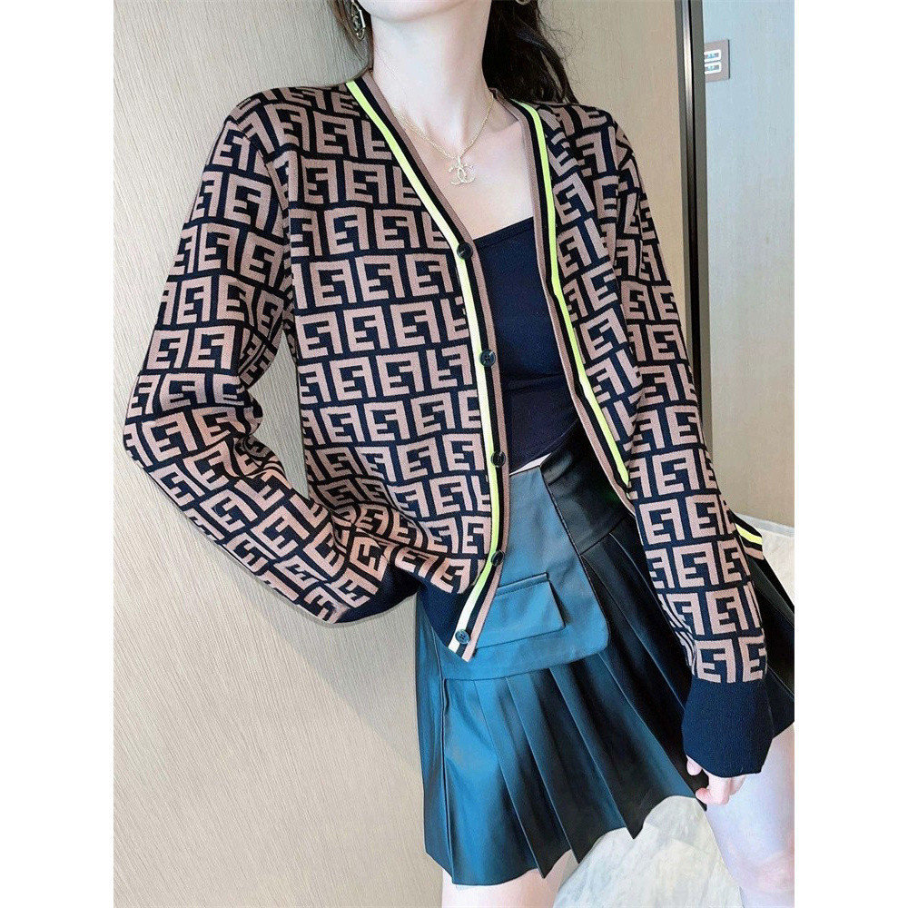 Jaqueta de Manga Longa Tricotada com Letra F para Mulheres, Suéter ...