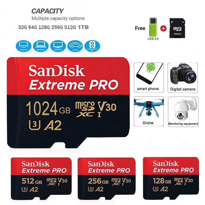 Cartão de Memória Extreme PRO microsd 256GB UHS-I 512GB 1TB micro SD 64GB TF Classe 10 U3 V30 A2 ...