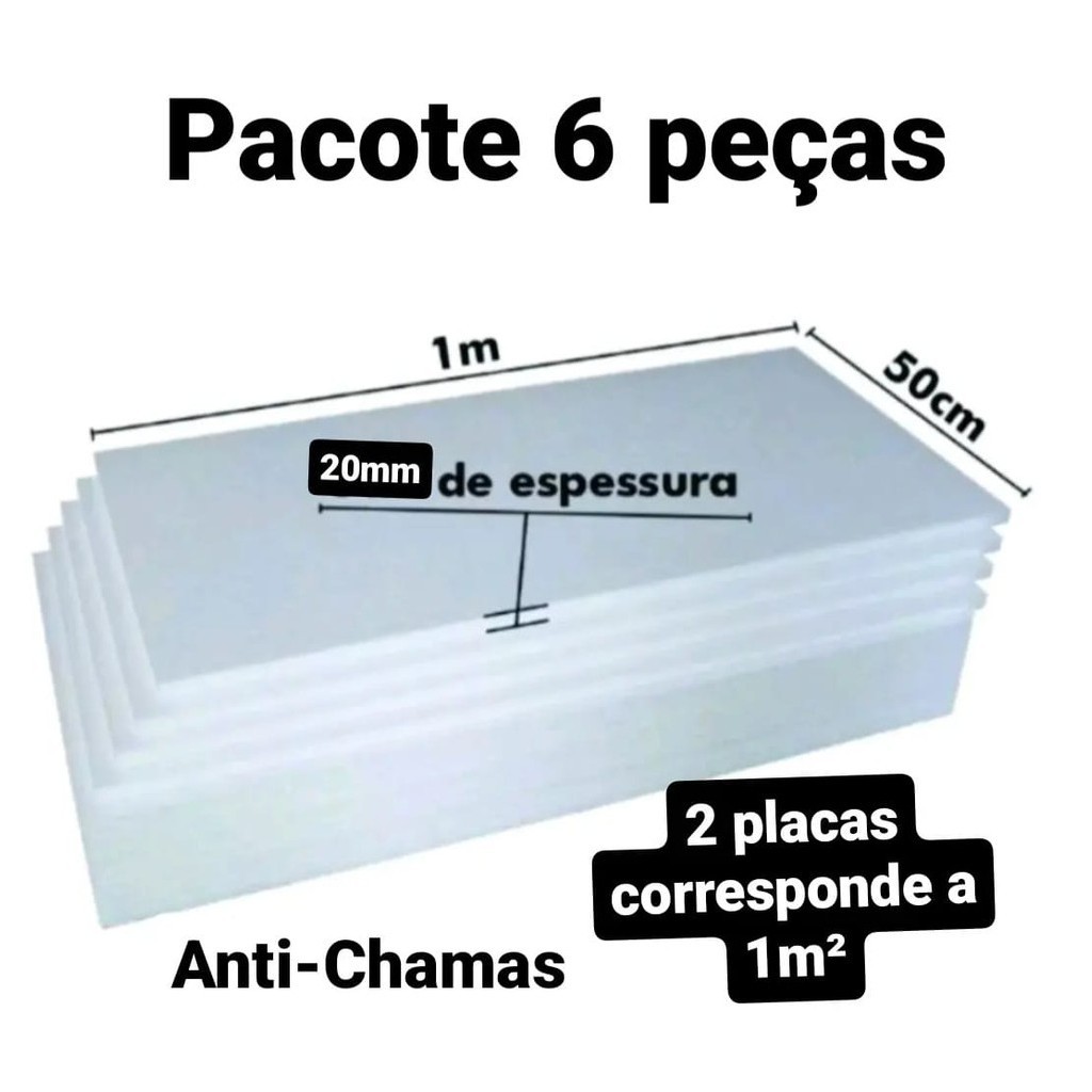6 PLACAS DE ISOPOR EPS ANTICHAMAS ESPESSURA 20MM, TAMANHO 100 X 50CM ...